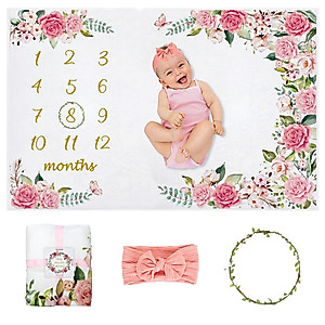 Yokakio Baby Monthly Milestone Blanket Girl, Milestone Blanket for Baby Girl, Track Growth and Age, Newborn Shower Gifts for Mom, Includes Floral Wreath & Pink Bow Headband, 60" X 40"