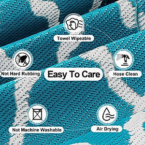 OutdoorLines Outdoor Plastic Area Rugs for Patio 4x6 ft - Reversible Outside Carpet, Stain & UV Resistant RV Mats, Straw Rug for Camping, Deck Garden, Porch and Balcony, Moroccan Teal & Light Grey