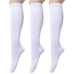 3 Pairs Womens Cotton Knee High Socks, Causal Soild Stripe Tube Knee Socks, White