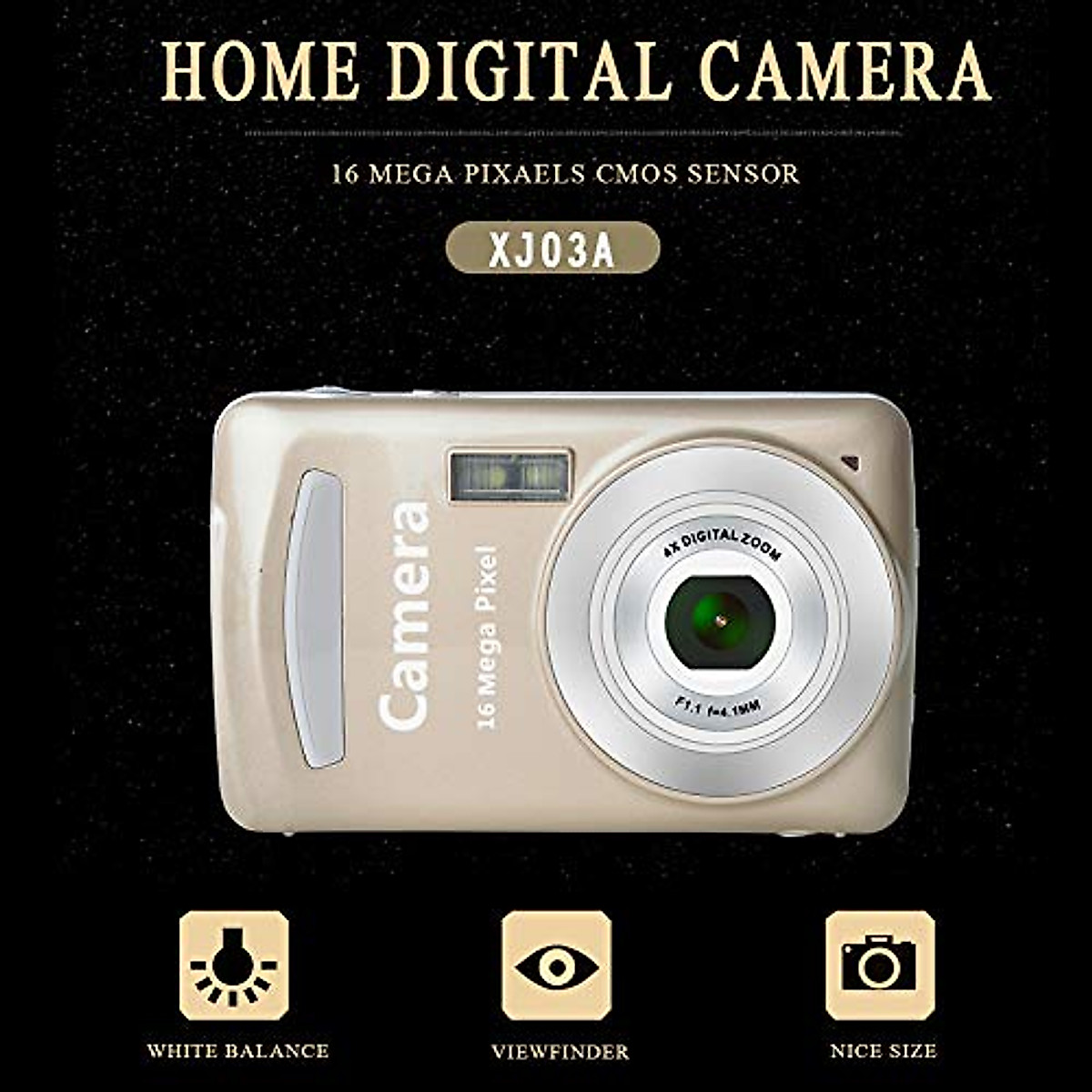 Bibabala Portable Digital Camera, 2.4'' TFT HD Digital Compact Cameras, 16MP Zoom Recording Pocket Camera, Point and Shoot Cameras Mini Camerasfor Kids, Beginners,Teens(Gold)