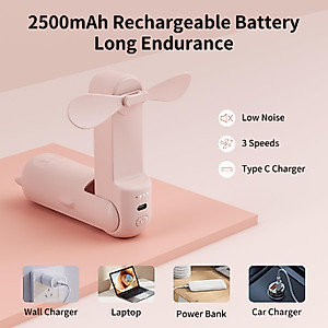 [12-21 Working Hours] 𝟑 𝐈𝐧 𝟏 Mini Handheld Fan, Pocket Fan Rechargeable, 3 Speeds Travel Fan Foldable Personal Fan with Power Bank, Mirror, Small Pocket Fan Travel Essentials for Women
