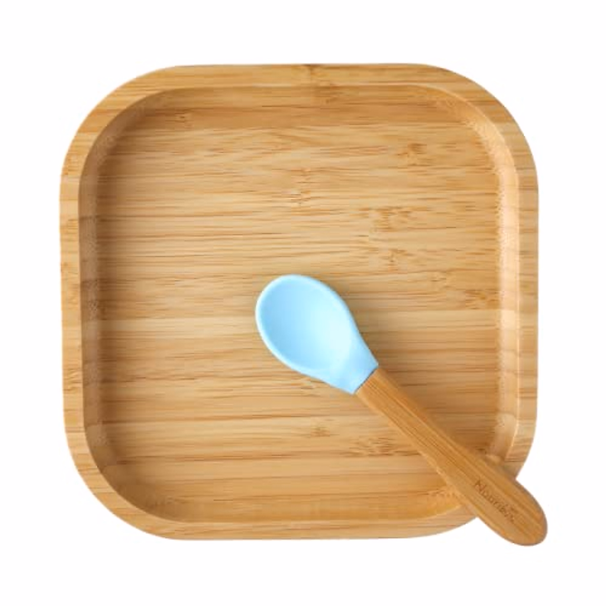 Nouribite Bamboo Suction Square Plate and Spoon Set for Baby/Toddler, 6 months+ (Aqua)