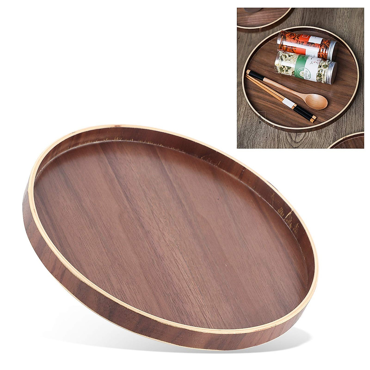 Food Tray, Japanese Style Round Wooden Serving Tray Round Serving Tray, Durable and Wear‑Resistant,(24cm Walnut Color disc)