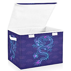xigua Purple Chinese Dragon Storage Bins with Lids Foldable Large Cube Storage Boxes with Handles for Home Bedroom Closet Office (16.5x12.6x11.8 in)#40