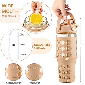 MUKOKO 32oz Glass Tumbler with Straw and Lid,Glass Water Bottles with Time Marker,Iced Coffee Cup,Silicone Sleeve,Leakproof,BPA Free-Amber