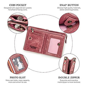 Contacts Soft Leather Wallet for Women Small Bifold Coin Purse Double Zipper Card Holder with RFID Blocking (Rose Tan)