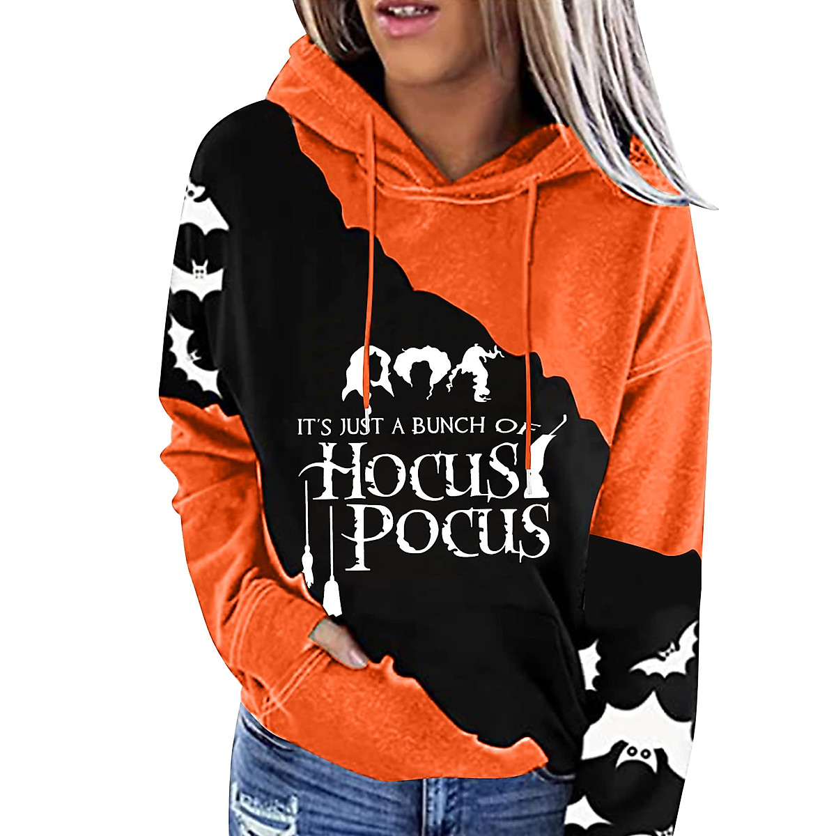 KIDDAD It's Just A Bunch of Hocus Pocus T-Shirt Women Halloween Sanderson Sisters Long Sleeve Crewneck Casual Pullover Tops Black Orange