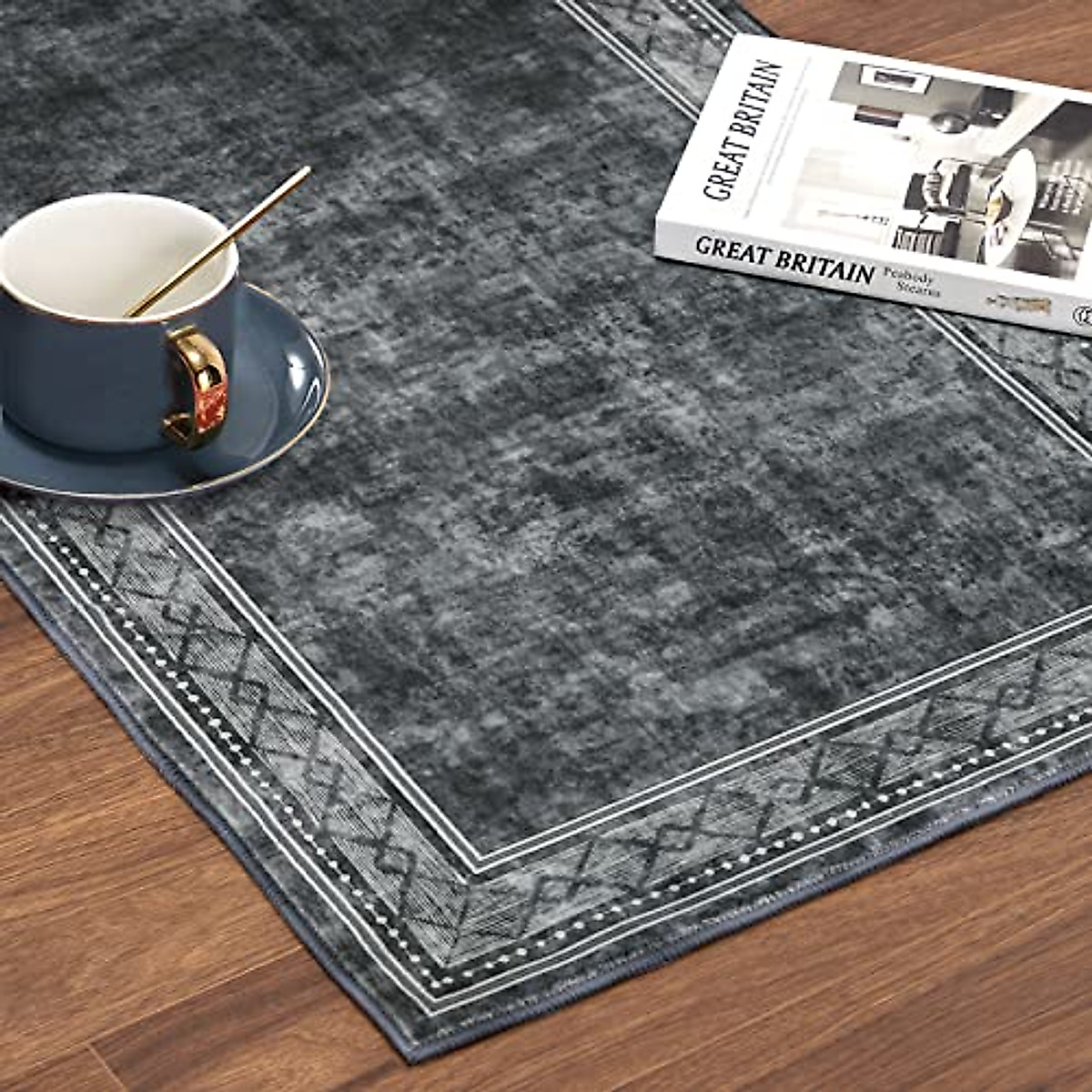 Zacoo Machine Washable Rug, Modern Bordered Area Rug for Living Room, 5x7 ft Soft Indoor Rug Non-Shed Foldable Floor Mat Contemporary Throw Carpet Non Slip Thin Mat Bedroom Dorm Home Office, Grey