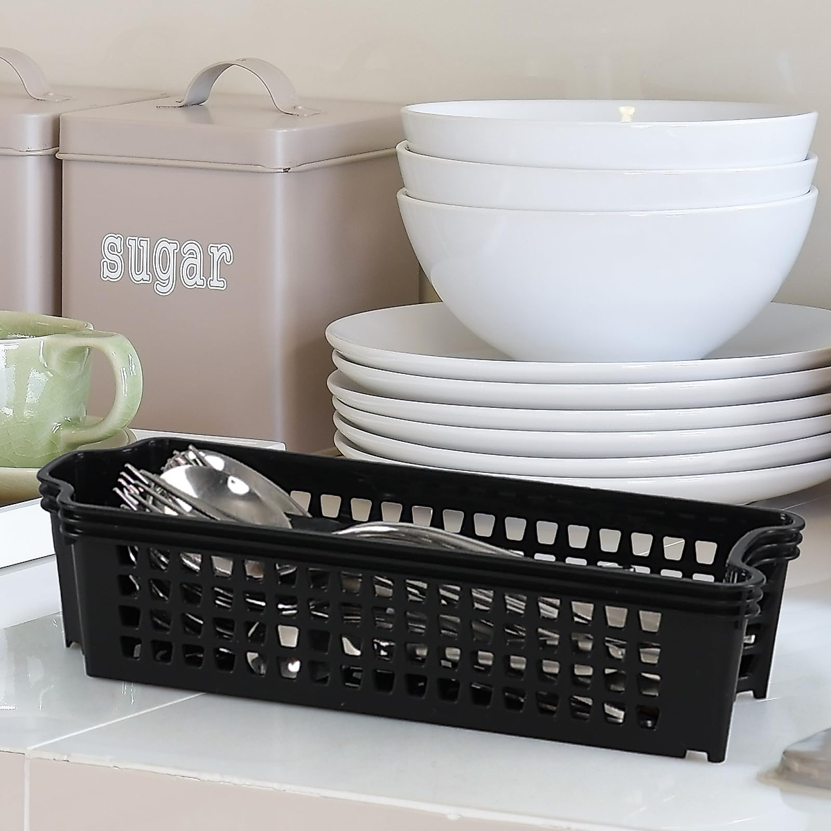 Morcte 12 Pack Narrow Plastic Storage Basket, Stacking Slim Plastic Baskets, Black