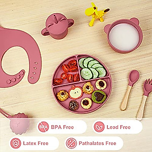 Kiddie Crave Baby Feeding Supplies Set of 11 – Ultra Soft Silicone Baby Utensils – Colorful Baby Led Weaning Supplies with Spoons, Bibs, Bowls – Comfortable and Safe Baby Plates (Pink)