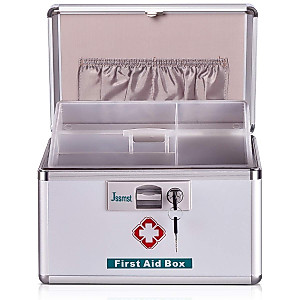 Jssmst Locking Medicine Box - New Version First Aid Box Emergency Medicine Case, Non-metal Boxes with Drugs Storage, 13.8 x 8.5 x 8.2 Inches, New(MC14023)
