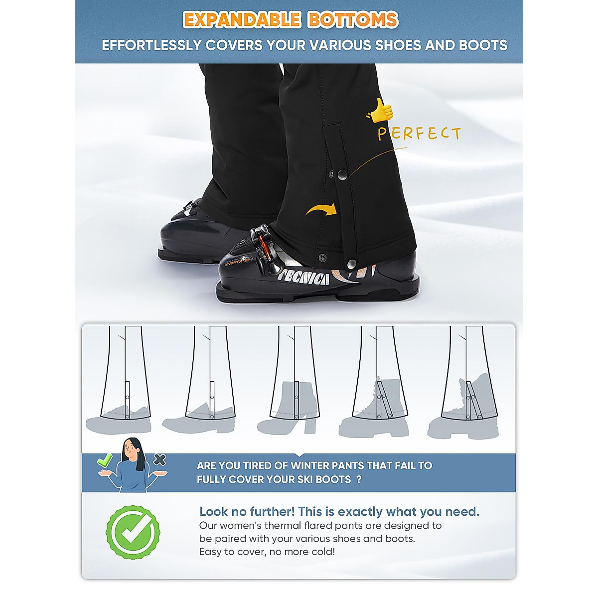 Cycorld Women's Snow Ski Pants Fleece Lined Waterproof Softshell Insulated Flare for Snowboarding Hiking Winter Outdoor(Black, 8)