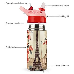 Stainless Steel Water Bottles Paris Vintage Floral Travel Water Cups with Handle And Silicone Straw Drinking Cup with Leak Proof Lid Thermo Travel Mug for Women Men