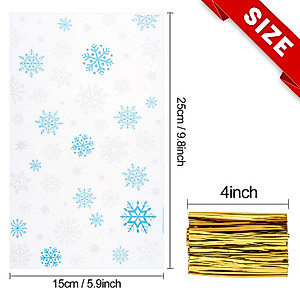 Whaline 100 Pcs Christmas Cellophane Bags with 100 Gold Twist Ties, Xmas Clear Candy Cookie Treat Bags for Christmas Party Supplies (Snowflake)