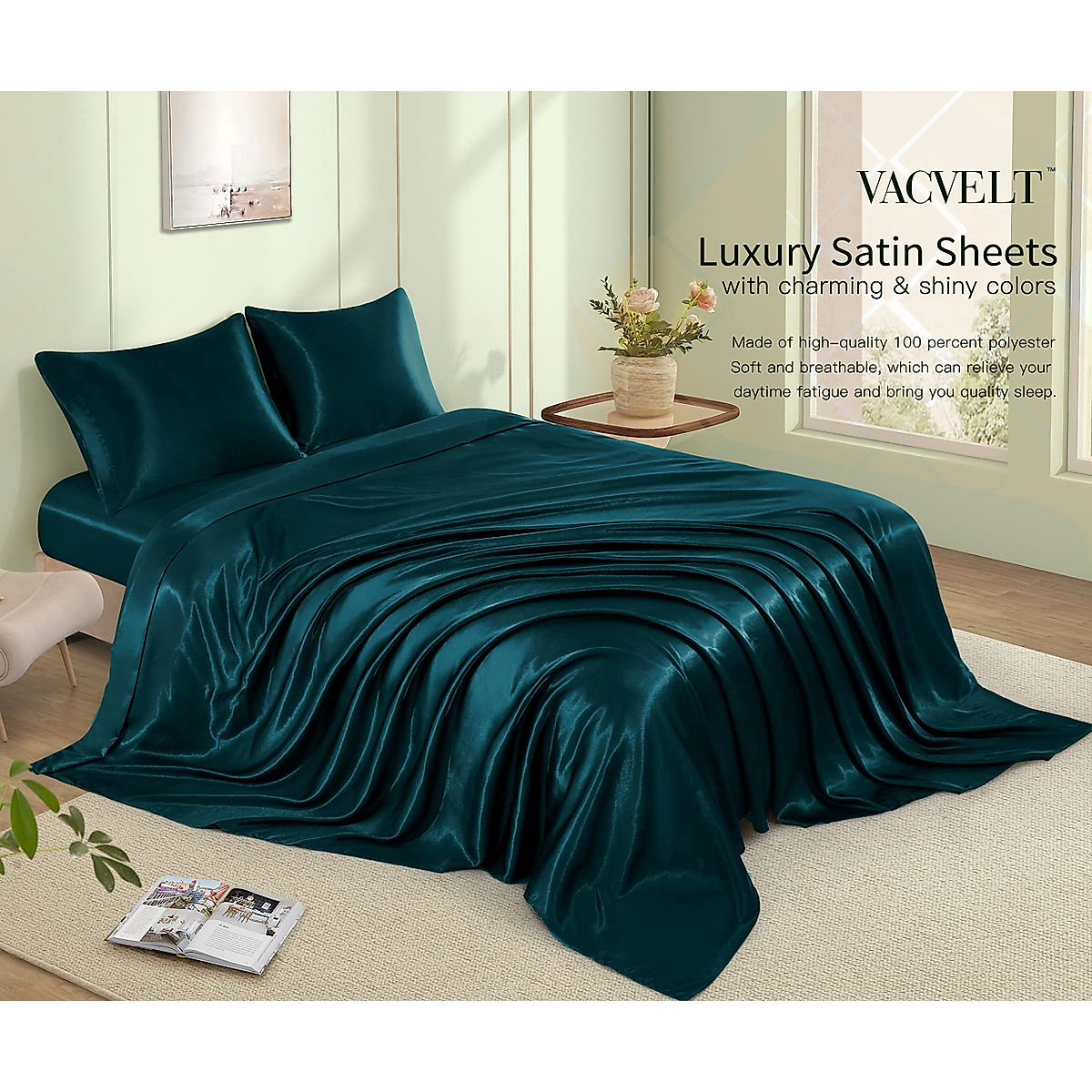 VACVELT 4pcs Dark Teal Satin Sheets Full Size Bed Set, 15 Inch Deep Pocket Silky Satin Sheet Set, Soft Satin Bedding Set Cooling & Luxury Bed Sheets, 1 Fitted Sheet + 1 Flat Sheet + 2 Pillowcases