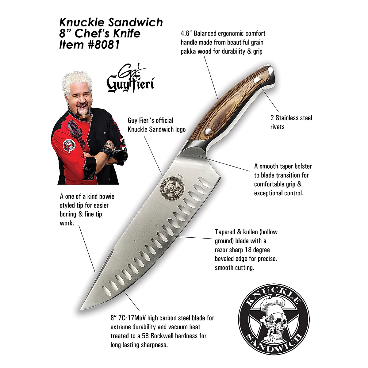 Guy Fieri Knuckle Sandwich 3pc Set 8-IN Chef knife, 6-IN Serrated Off-Set Utility Knife with Prong Tip and 4-IN Paring Knife, Premium 7CR17MoV Stainless Steel with Ergonomic Pakkawood Handles