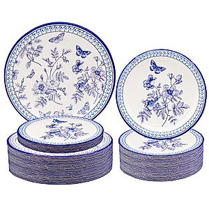 HSPAIDYP 50Pcs Floral Blue & White Flower Party Supplies Blue and White Paper Plates Set 9" Floral Plates 7" Blue White Floral Plates for Bridal Shower Wedding Tea Party Floral Party Decor