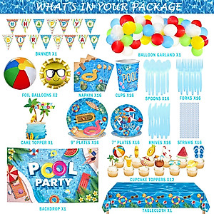 Hombae Pool Party Decorations, Summer Beach Swimming Themed Birthday Supplies Backdrop Balloon Banner Tablecloth Cake Topper Plate Napkin Cup Straw Knife Fork Spoon Cool Blue Tableware 205 PCs