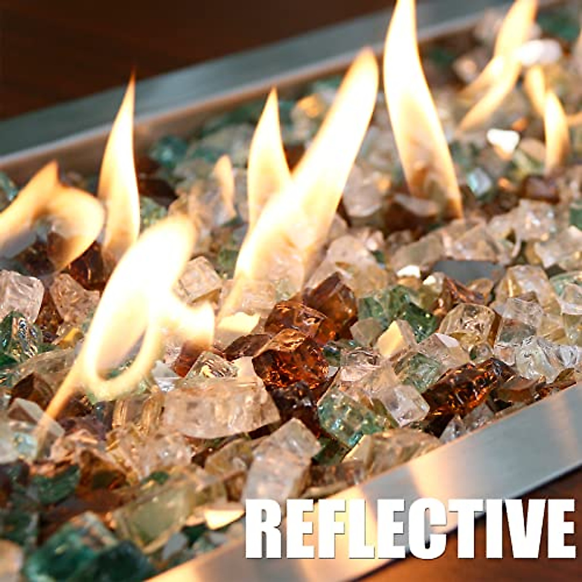 Hisencn Fire Pit Glass Rocks - High Luster Reflective Tempered Fire Glass for Propane Fire Pit, Outdoors and Indoors Natural or Propane Fireplaces, Landscape Decoration, 1/2 Inch Firepit Glass 10 lbs