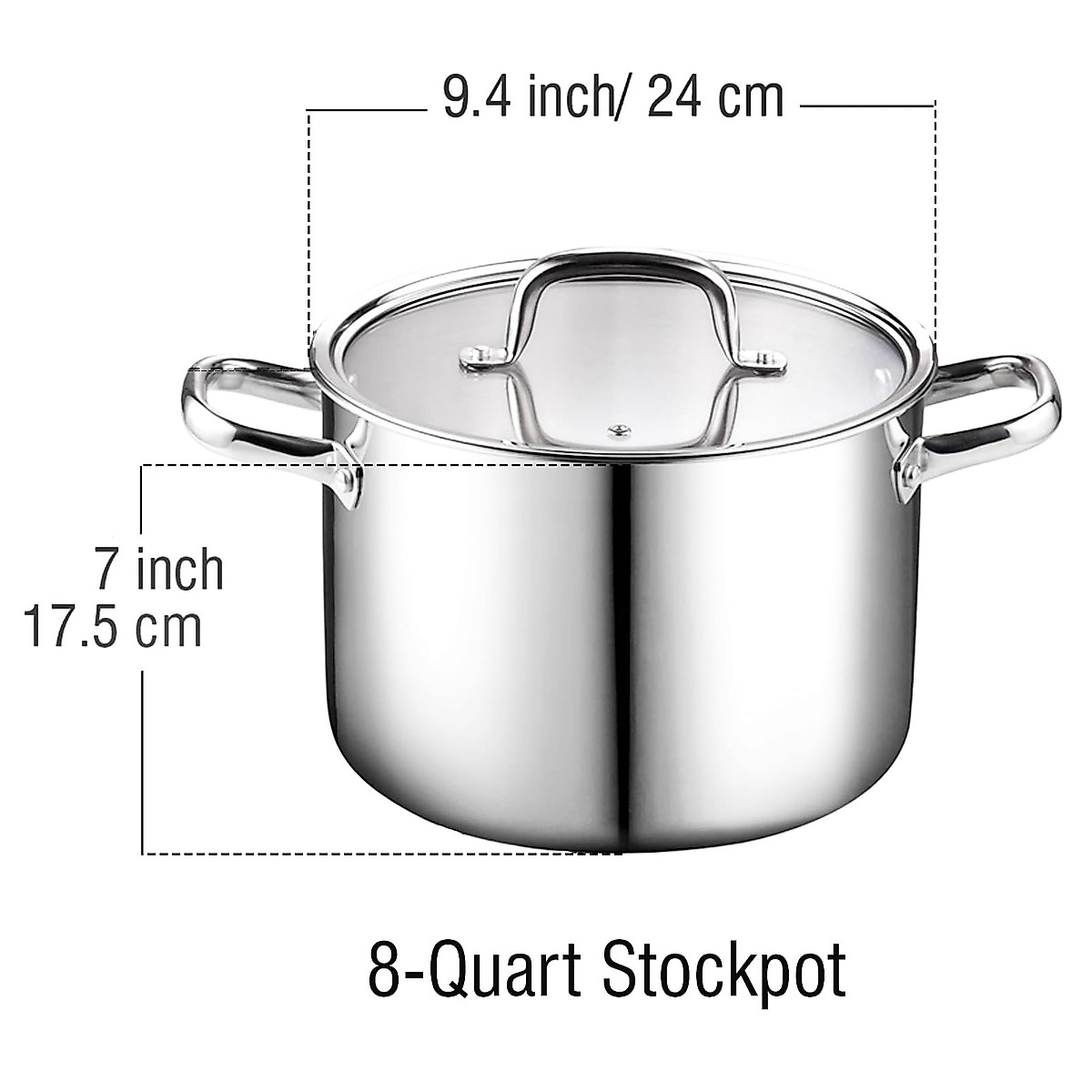 Cook N Home Stainless Steel Stockpot 8 Quart, Tri-Ply Clad Stock Pot with Glass Lid, Silver