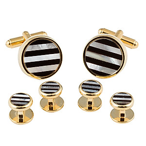 Cuff-Daddy Striped Onyx and Mother of Pearl Gold Cufflinks and Studs Round Formal Set with Presentation Gift Box Unique Fashion Designed French Cuff Links Mens Wedding Business Best Gifts for Men