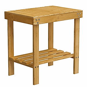 Glavbiku Bamboo Shower Bench, Shower Chair with Non-Slip Feets Storage Shelf Safe and Stable, Kids Adults Wooden Stool for Home, Bathroom, Bedside, Living Room