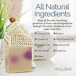 Age of Sage Natural Soap Bar w/ Sisal Bag, Vegan Artisan Soap Bar Set for Women, Body Soap in Bar Soap Pouch, Natural Bath Soaps w/ Essential Oils, 4 Plain Body Soap Bars, Pomegranate Cherry