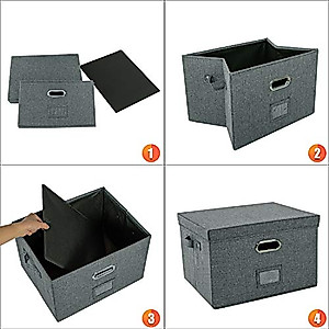 JSungo File Box with 5 Hanging Filing Folders, Document Organizer Storage for Office, Collapsible Linen Storage Box with Lids, Home Portable Storage with Handle, Letter Size Legal Folder, Dark Gray