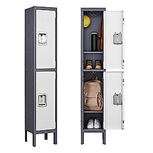 MIIIKO Employee Lockers with 2 Doors, Metal Locker 2 Tier School Lockers with Vents and Hanging Hooks, for Storage of Clothes, Sportswear, Bags, Shoes