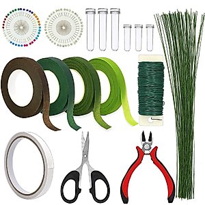 Floral Arrangement Kit,17 Pieces Flower Tools Include Floral Wire Cutter Scissor Floral Tape 22 Gauge Paddle Wire 26 Gauge Stem Wire Pearl Corsage Pin Bouquet Wrap Florist