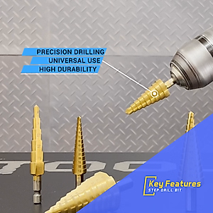 Step Drill Bit for Metal, Step Drill Bit, CORTOOL 3PCS Titanium Unibit Step Drill Bit Set, High Speed Steel Step Drill Bit HSS Quick Change 1/4" Shank,Total 28 Sizes 3/16" -1/2",1/4"-3/4",1/8"-1/2"