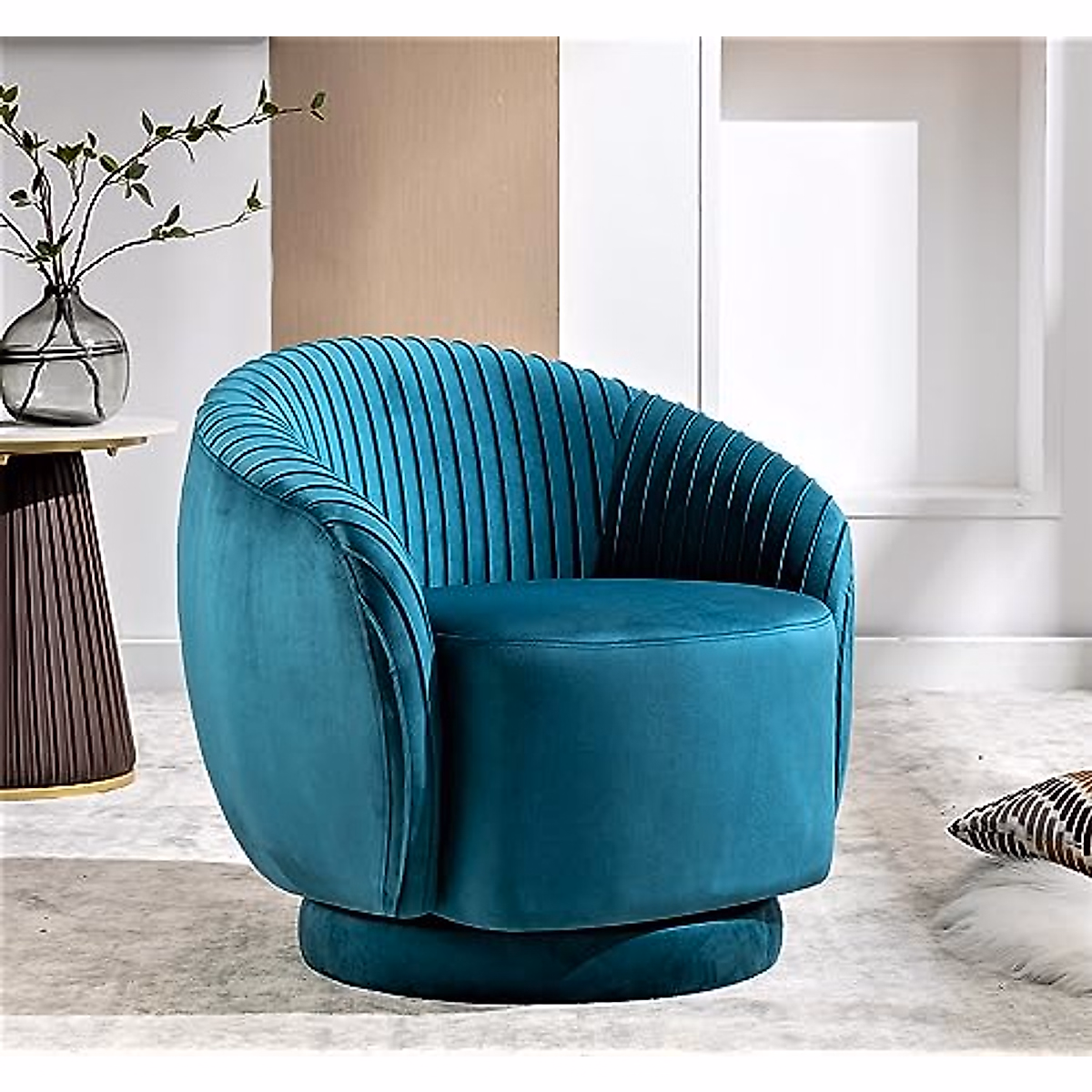 US Pride Furniture Contemporary Velvet Swivel Barrel Chair with 360° Spin Capability, Round Accent One-Seater Sofa for Living Room, Bedroom, and Office, Greenish Blue