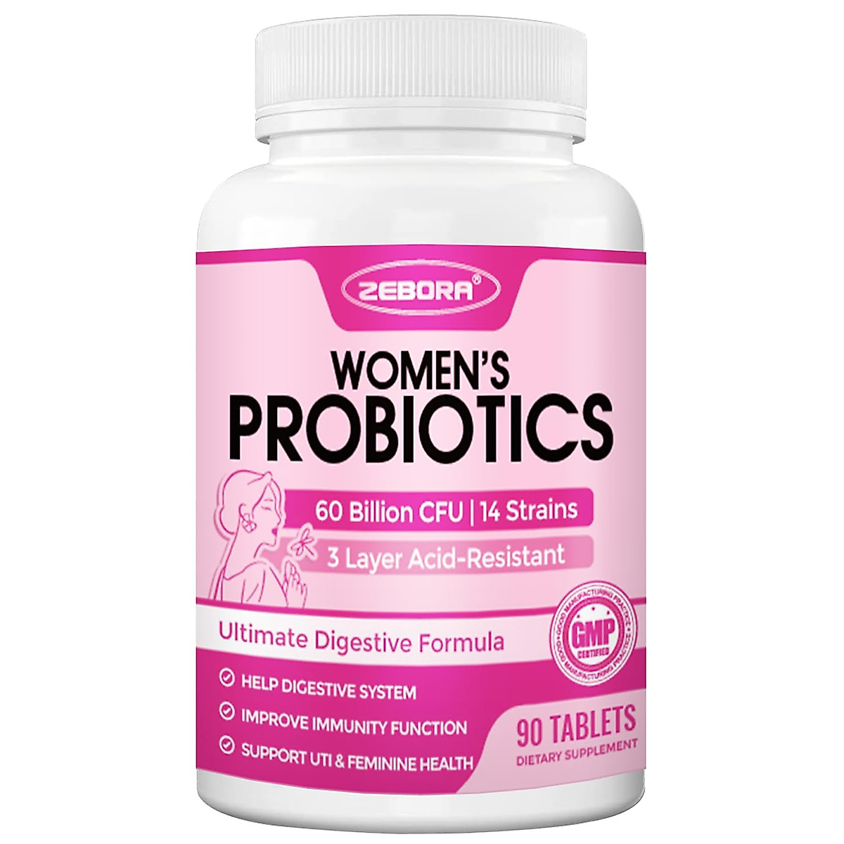 ZEBORA Probiotics for Women Digestive Health, Prebiotics and Probiotics with 60 Billion for Urinary Tract and Vaginal Health, Immune Support and Gut Health, Gluten & Soy Free, 90 Tablets