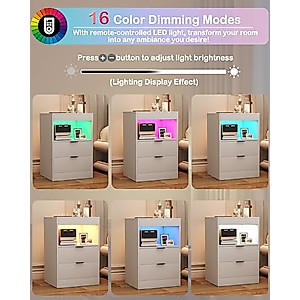Yusong Night Stand, Bedside Table, LED Nightstand with Charging Station, Modern Night Stand White,Wood Sofa Couch End Side Table with 2 Pull-Out Shelf