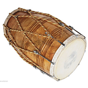SPECIAL DHOLAK DRUM ROPE + BOLT TUNED~NATURAL WOOD COLOR POLISH~HAND MADE INDIAN