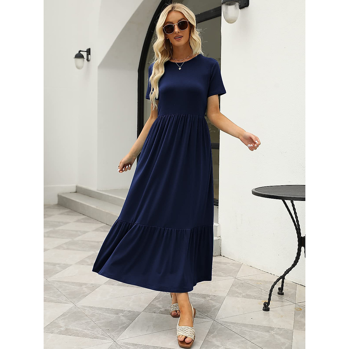 LILLUSORY Womens Short Sleeve Crew Neck Tiered Flowy Swing Midi Dresses with Pockets Navyblue