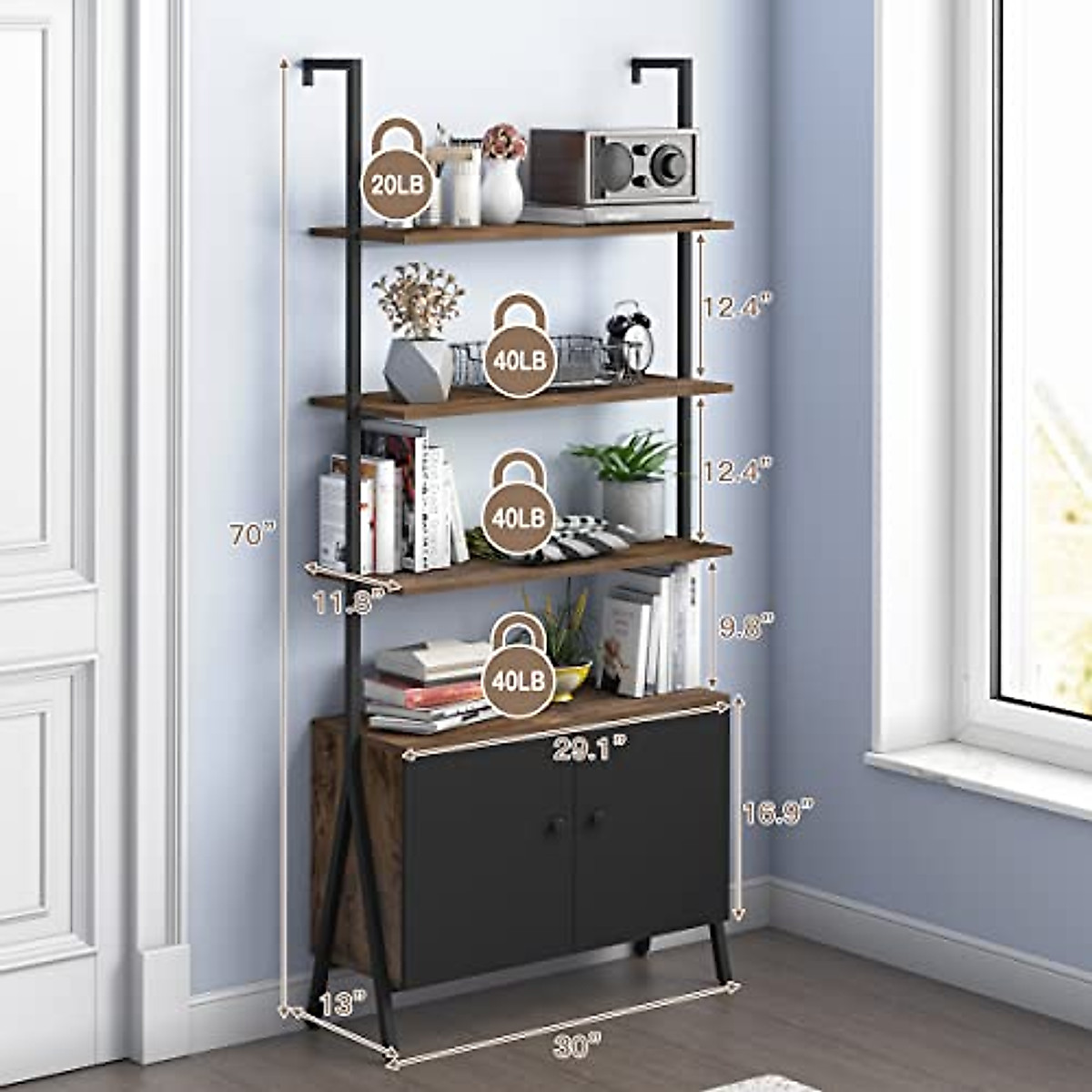 Usinso Wood Metal Ladder Bookshelf, Industrial 4-Tier Black Bookcase with Wide Storage Cabinet, Rutic Brown and Black Bookshelf for Living Room, Shelves for Storage Bedroom, 30L x 13W x 70H Inch