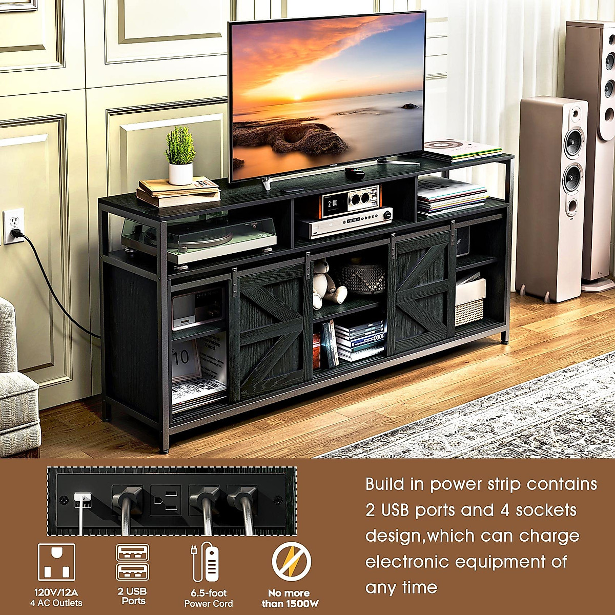 Mid Century Modern Black TV Stand with Sliding Barn Doors, Charging Station, LED Lights, and Storage Shelves for up to 70 inch TVs