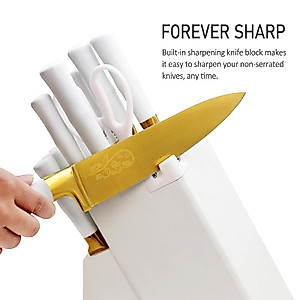 Gold Knife Set with White Handle, 14PCS Premium Quality Titanium Coated Hollow Handle Kitchen Knife Sets, Stainless Steel Chef Gold Kitchen Knife Sets with White Block, Non-slip Ergonomic Handle