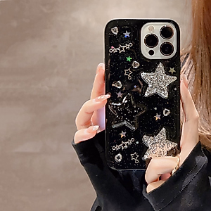 LOLAGIGI for iPhone 13 Case Bling Stars 3D Hearts Diamond Twinkle Star Glitter Y2K Spark Luxury Girly Aesthetic Personalized Design for Women Girls Teens TPU Case, 6.1", Black