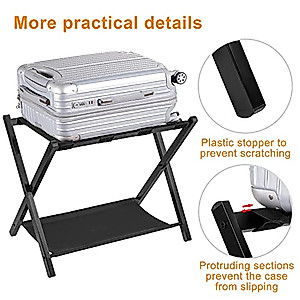 Heybly Luggage Rack Steel Folding Suitcase Stand with Storage Shelf for Guest Room Bedroom Hotel (Black, 2)