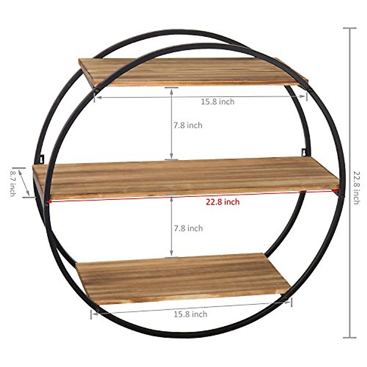 Modern Circular Metal Frame & Wood Wall Mounted Floating Shelf / 3-Tier Decorative Display Rack, 22-Inch in Diameter