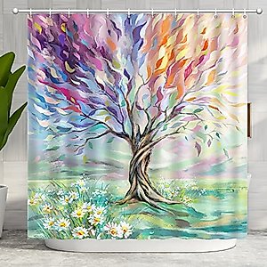 Oil Painting Tree Shower Curtain, Colored Seasons Tree Shower Curtain for Bathroom with 12 Hooks, Polyester Fabric Washable Shower Curtains Sets Decorative Waterproof Bath Curtain