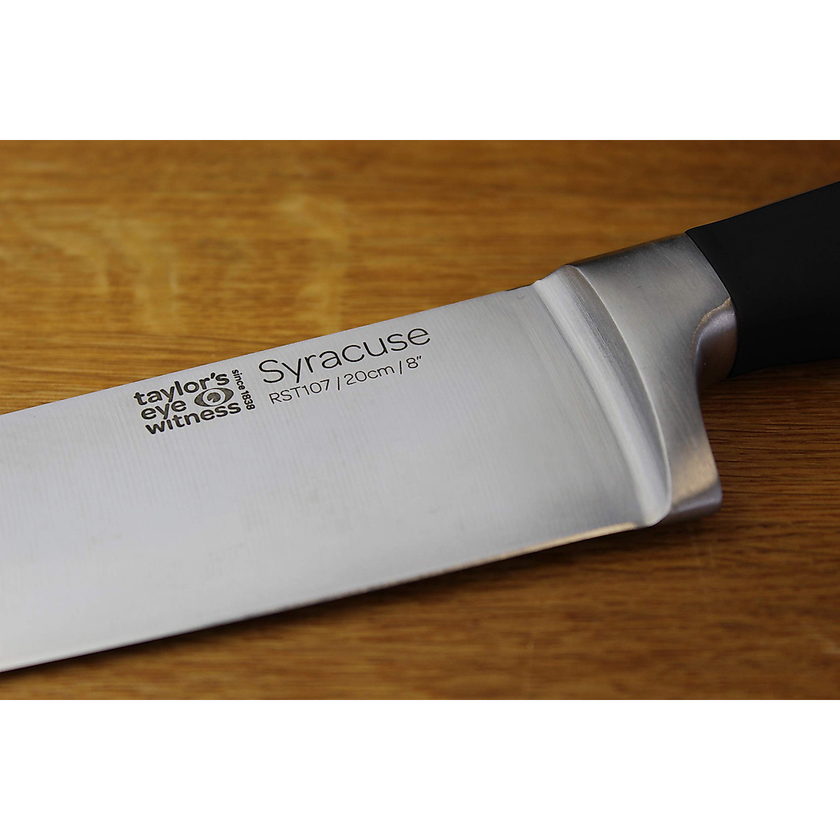 Taylors Eye Witness Syracuse Chefs/Cooks Kitchen Knife - Professional 20cm/8 Inch Cutting Edge, Multi Use. Precision Ground, Razor Sharp, Ultra Fine Blade. Soft Textured Grip Matte Black Handle.