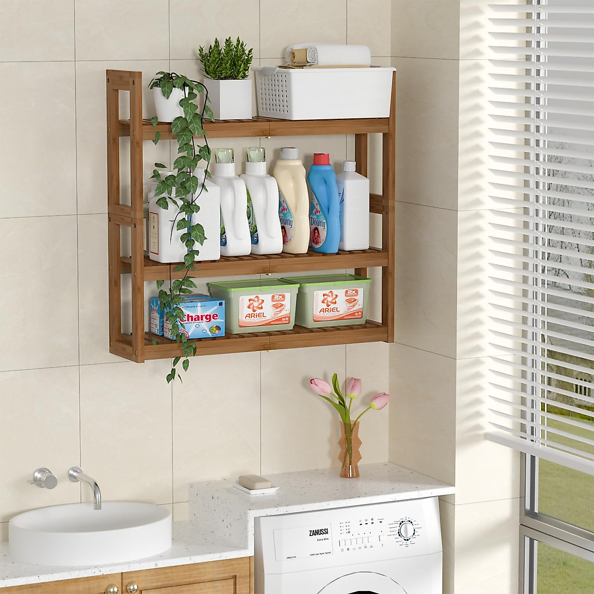 Domax Bathroom Shelves Over The Toilet Storage Shelf - 3 Tier Wall Mount Bamboo Bathroom Shelf Organizer Multifunctional Adjustable Layer Free Standing Utility Shelves for Bathroom Living Room Kitchen