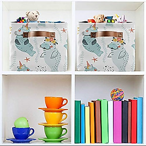 Large Foldable Storage Bin Cute Manatees with Floral Fabric Storage Baskets Collapsible Decorative Baskets Organizing Basket Bin with PU Handles for Shelves Home Closet Bedroom Living Room-2Pack