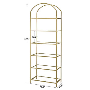 Homhedy 6-Tier Bookshelf Arched Display Racks, Metal Bookcase, Tempered Glass Shelves, Storage Rack Shelf for Home Office, Living Room, Bedroom, Bathroom, Modern Style, Golden