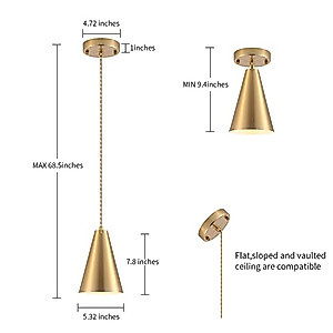 Gold Pendant Lights Kitchen Island,Dining Room Light Fixtures Over Table 3 Pack with Brushed Brass Cone Metal Shade, Modern Farmhouse Mini Chandeliers,Adjustable Cord Hanging Lighting for Bar,Sink
