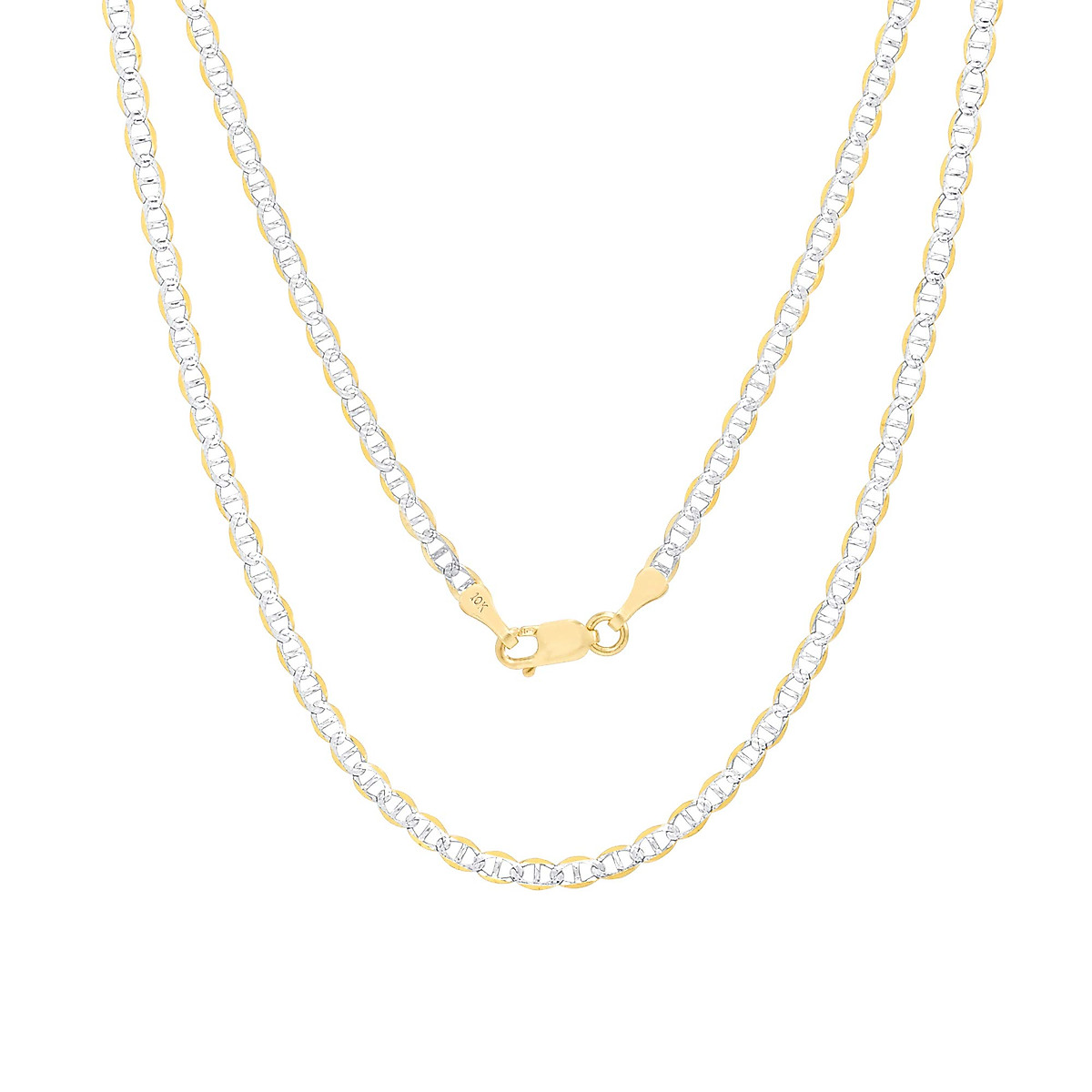 Nuragold 10k Yellow Gold 2.5mm Solid Mariner Anchor Link Chain Diamond Cut Two Tone Pave Pendant Necklace, Womens Mens Jewelry 16" 18" 20" 22" 24" 26"