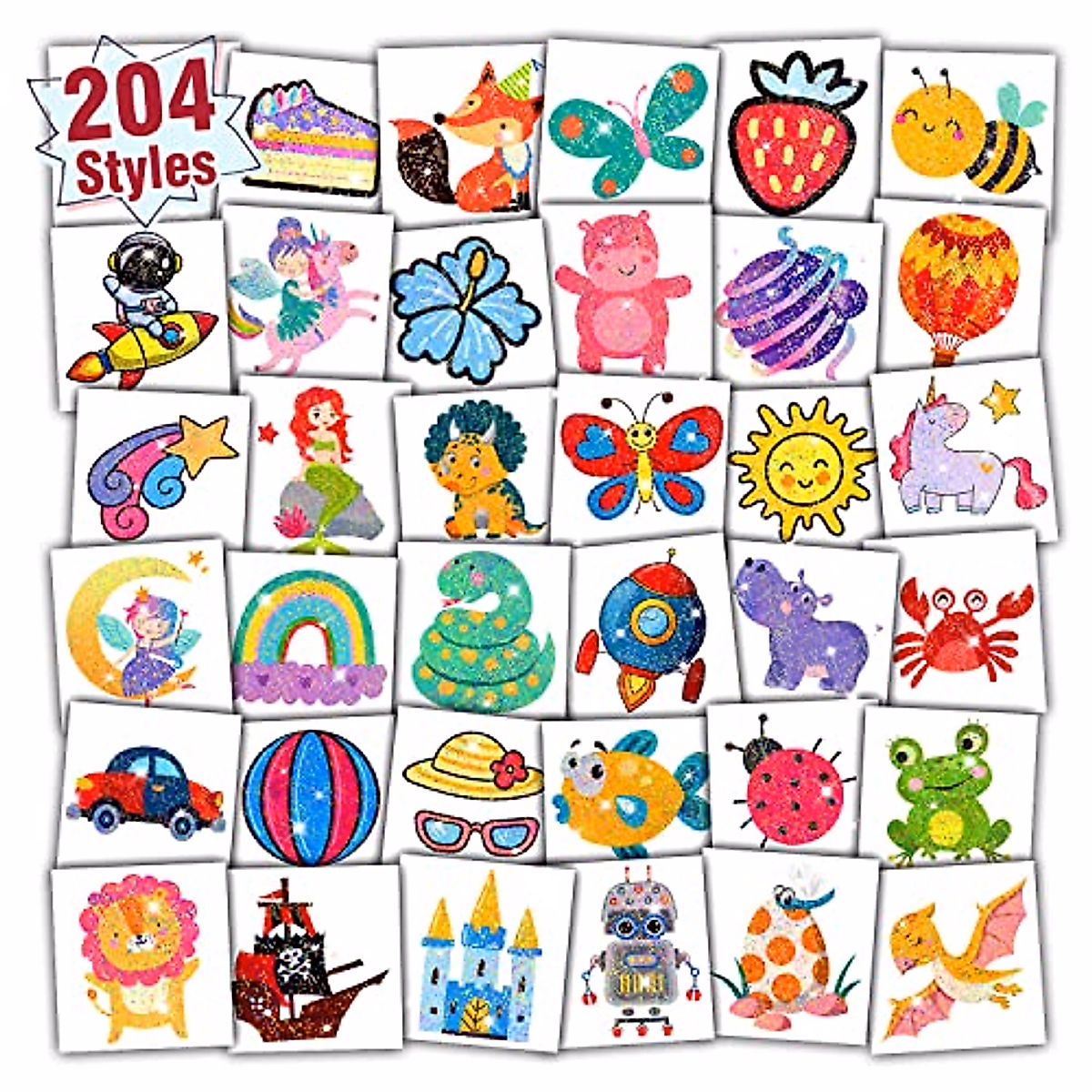 Partywind 204 Glitter Styles Individually Wrapped Sheets Kids Fake Tattoos, Birthday Gifts for Boys and Girls Party Supplies Favors, Waterproof Tattoo Stickers for Goodie Bag Stuffers